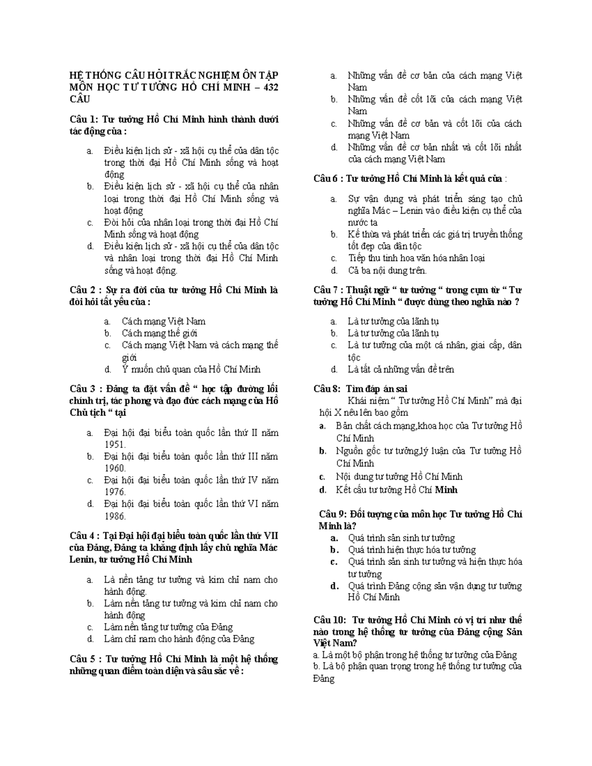 HỆ THỐNG 432 CÂU HỎI TRẮC NGHIỆM MÔN Tthcm - HỆ THỐNG CÂU HỎI TRẮC ...