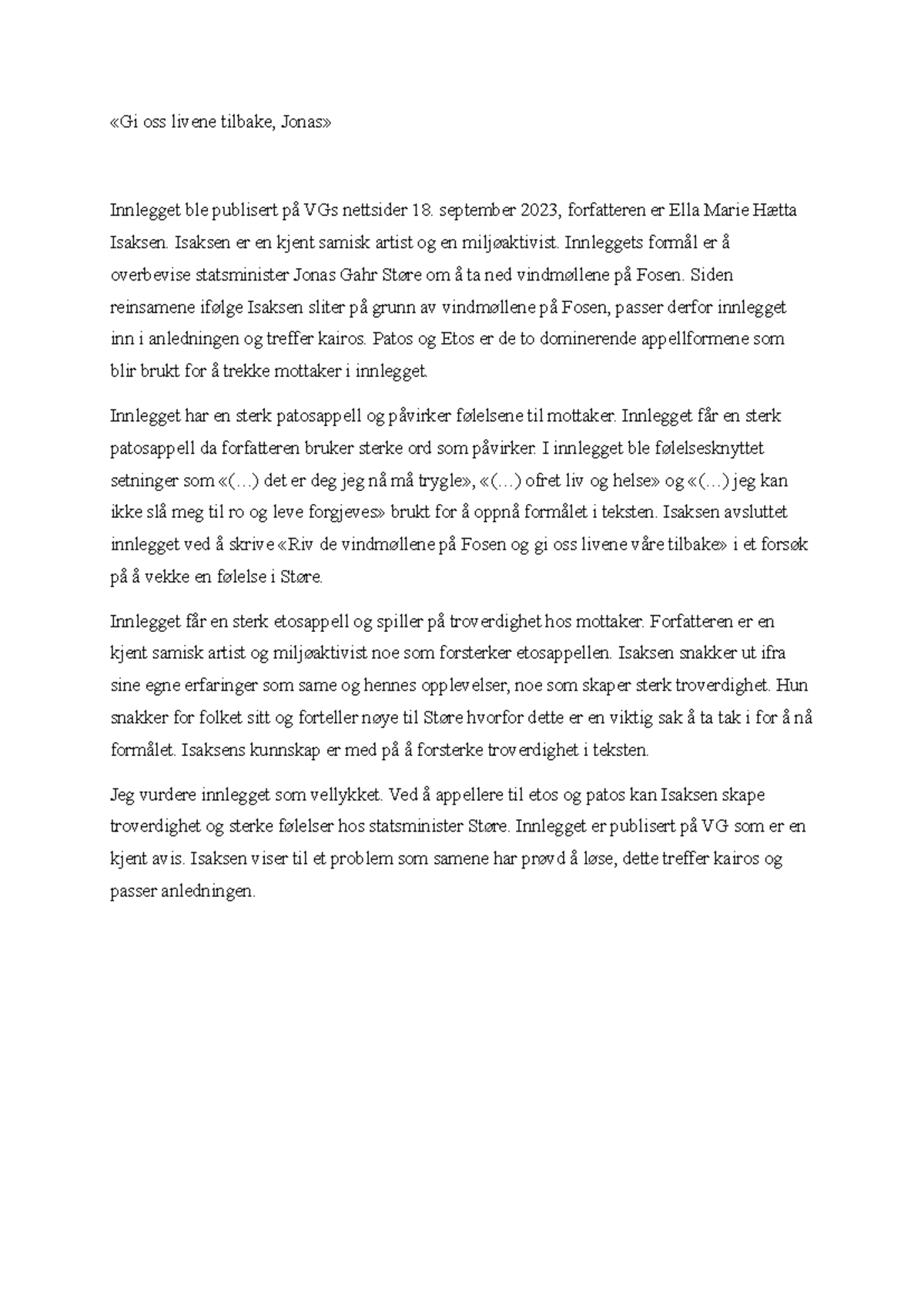 Retorisk analyse kortsvar- test - «Gi oss livene tilbake, Jonas ...