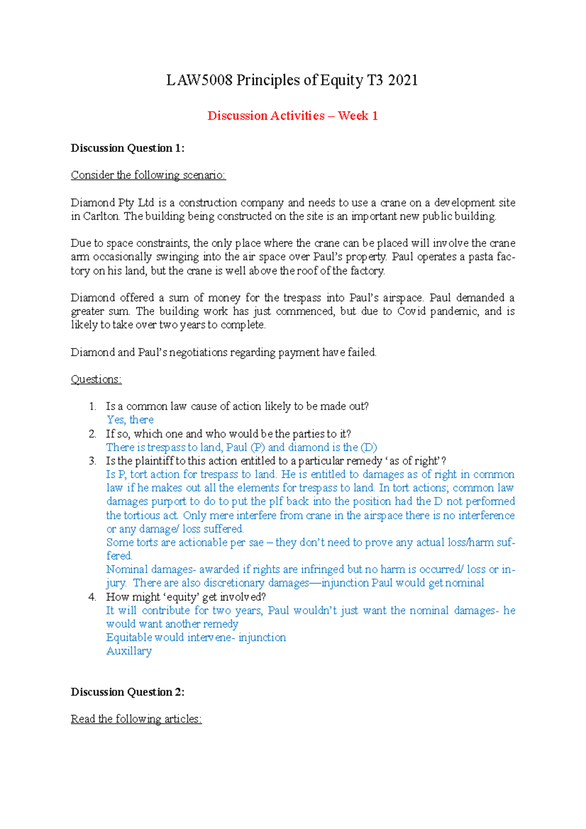 Week 1 Discussion Activities equity - LAW5008 Principles of Equity T3 ...