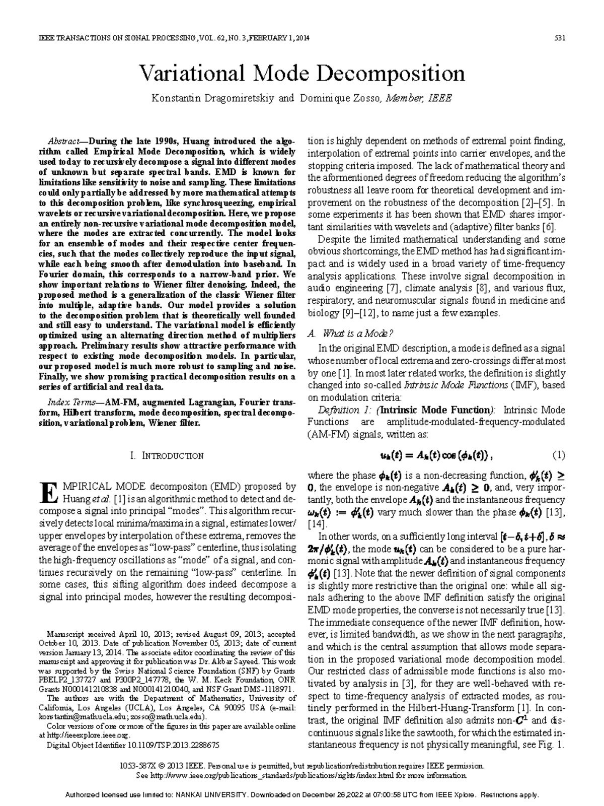 Variational Mode Decomposition Ieee Transactions On Signal Processing Vol 62 No 3