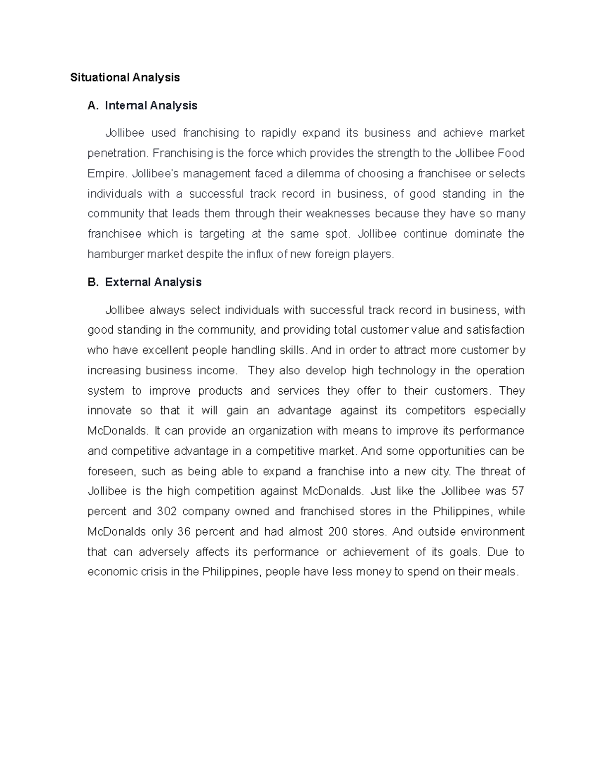 JFC- Internal- External - Situational Analysis A. Internal Analysis ...