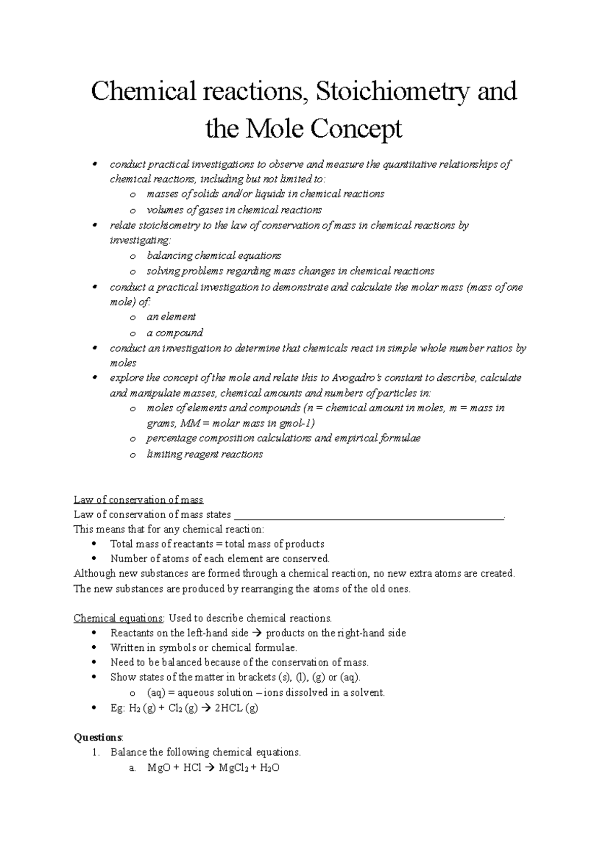 Chemical reactions and stochiometry - Chemical reactions, Stoichiometry ...