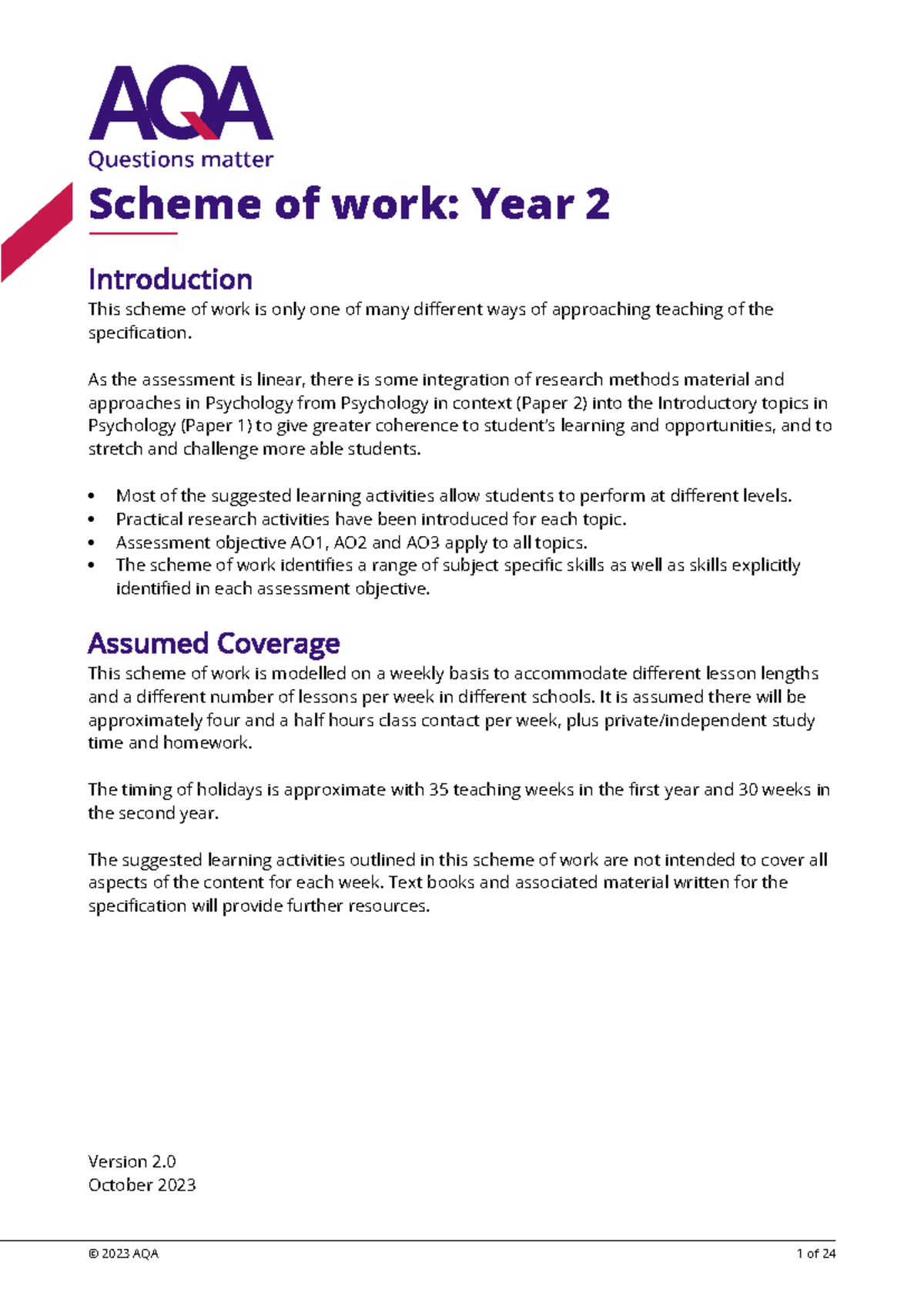 AQA 7182 SOW Y2 - Scheme of work: Year 2 Introduction This scheme of ...