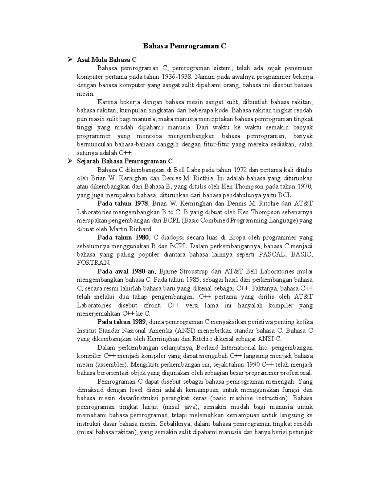 Resume Bahasa Pemrograman C - Bahasa Pemrograman C Asal Mula Bahasa C ...