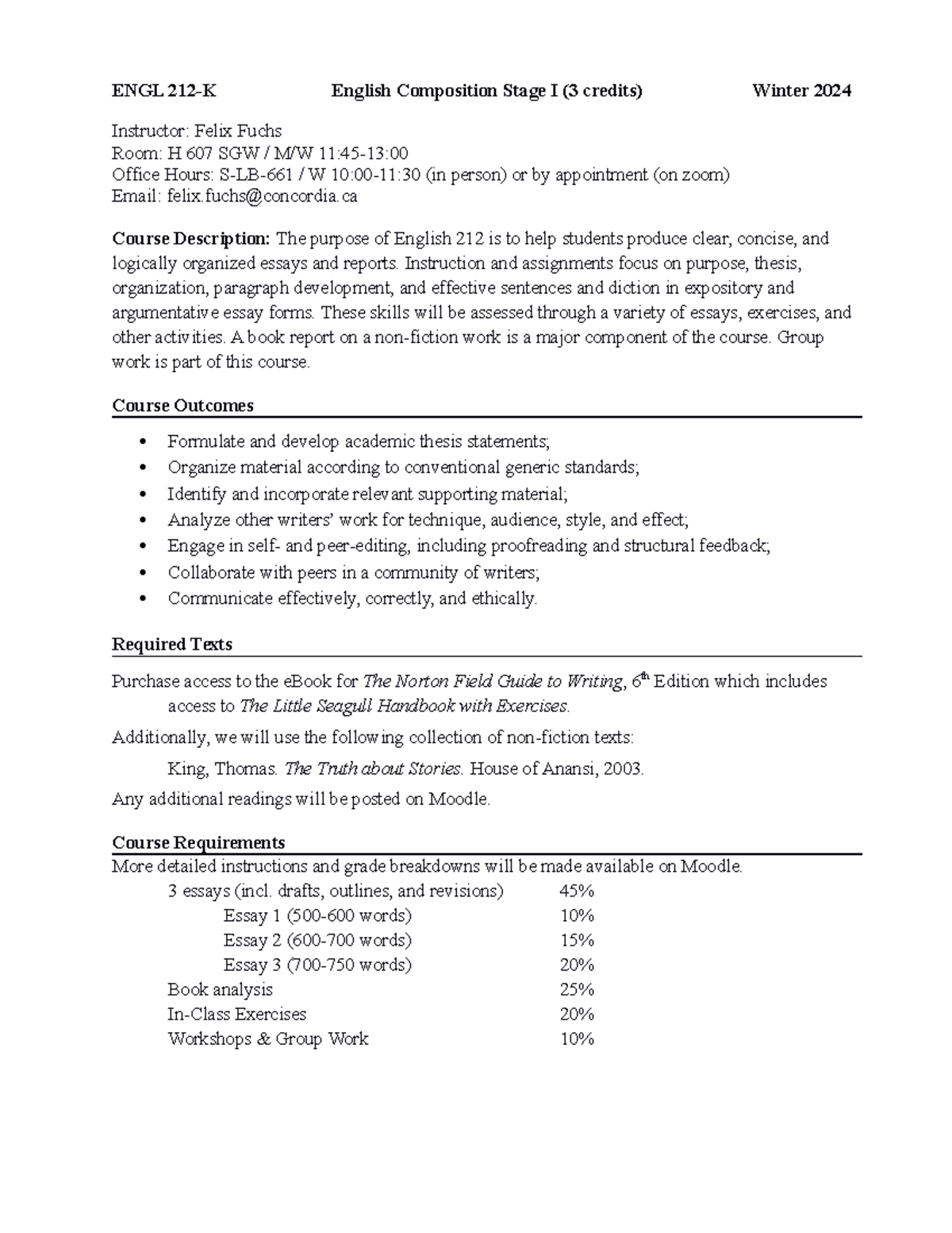 Fuchs, ENGL 212-K - Course Outline - ENGL 212-K English Composition ...