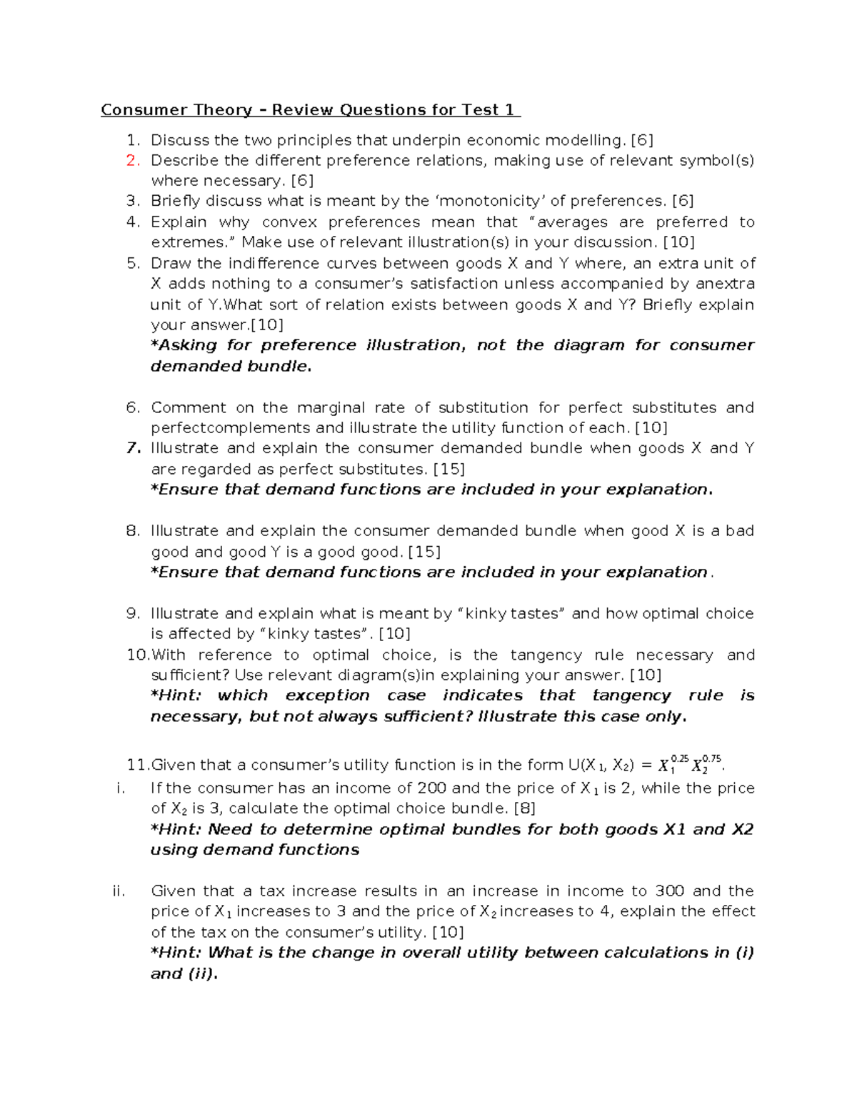 Consumer Theory - Review Questions for Test 1 - Discuss the two ...