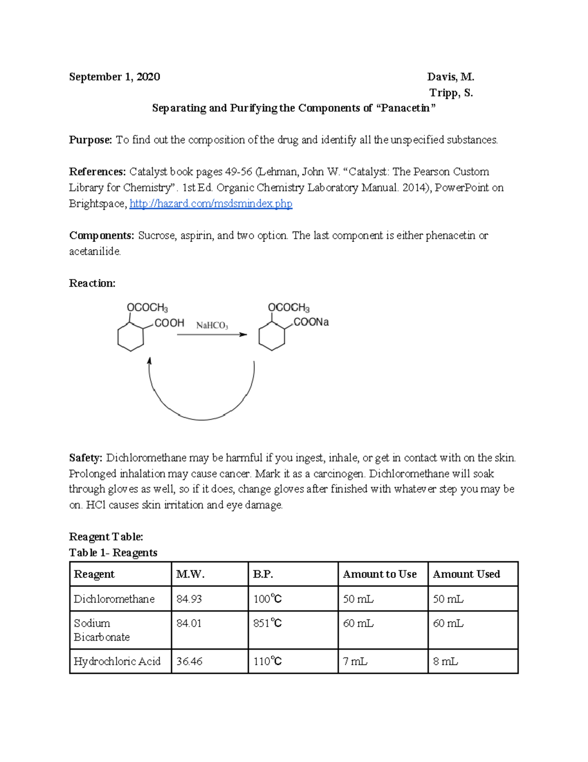 Davis, Madison- Separating and Purifying the Components of "Panacetin" - September 1, 2020 Davis ...