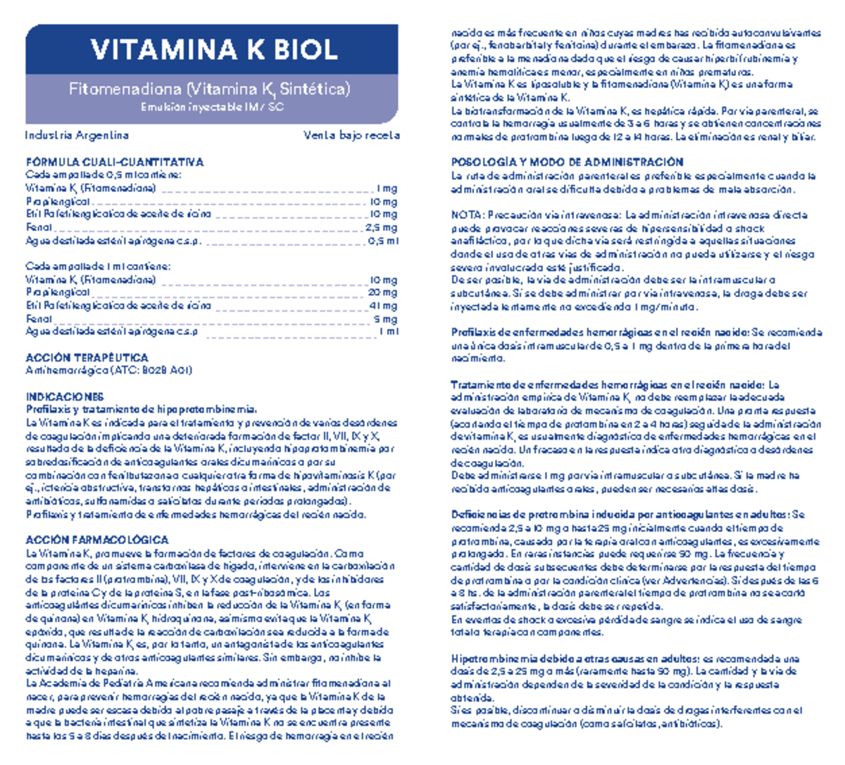 Vitamina K Biol - VITAMINA K BIOL Emulsión inyectable IM / SC Industria ...