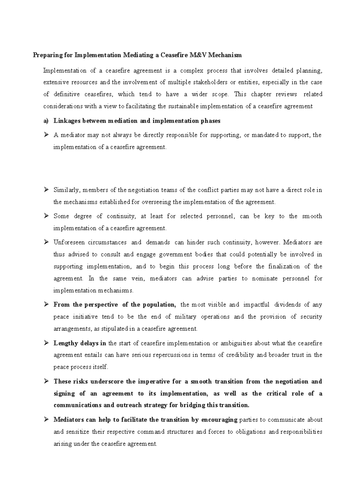 Preparing for Implementation Mediating a Ceasefire M and V Mechanism - Preparing for ...