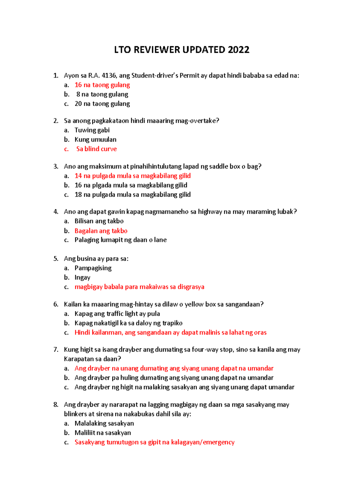 LTO Reviewer Updated 2024 - LTO REVIEWER UPDATED 2022 Ayon sa R. 4136 ...