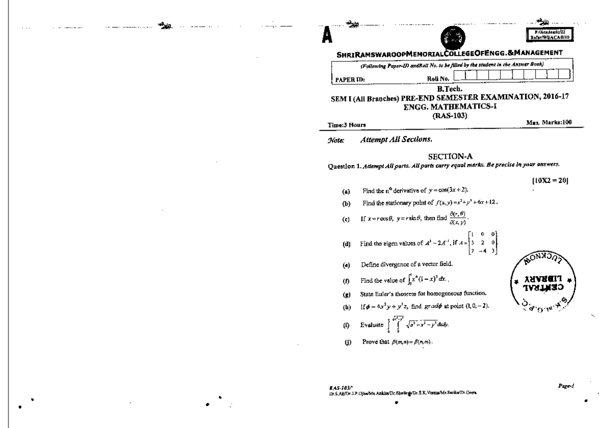 Engg.Mathematics-I(RAS-103) 2016-17 - B.tech - Studocu