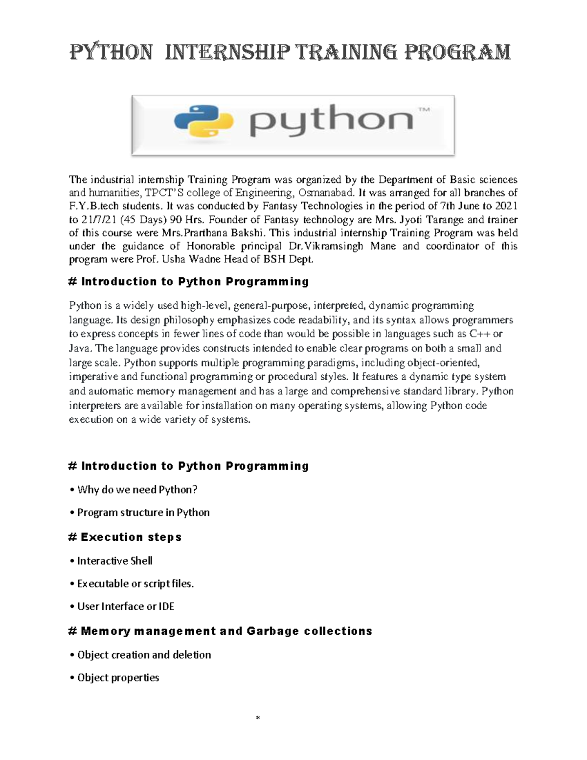 Phyton- Report - Nothing - The industrial internship Training Program was organized by the - Studocu