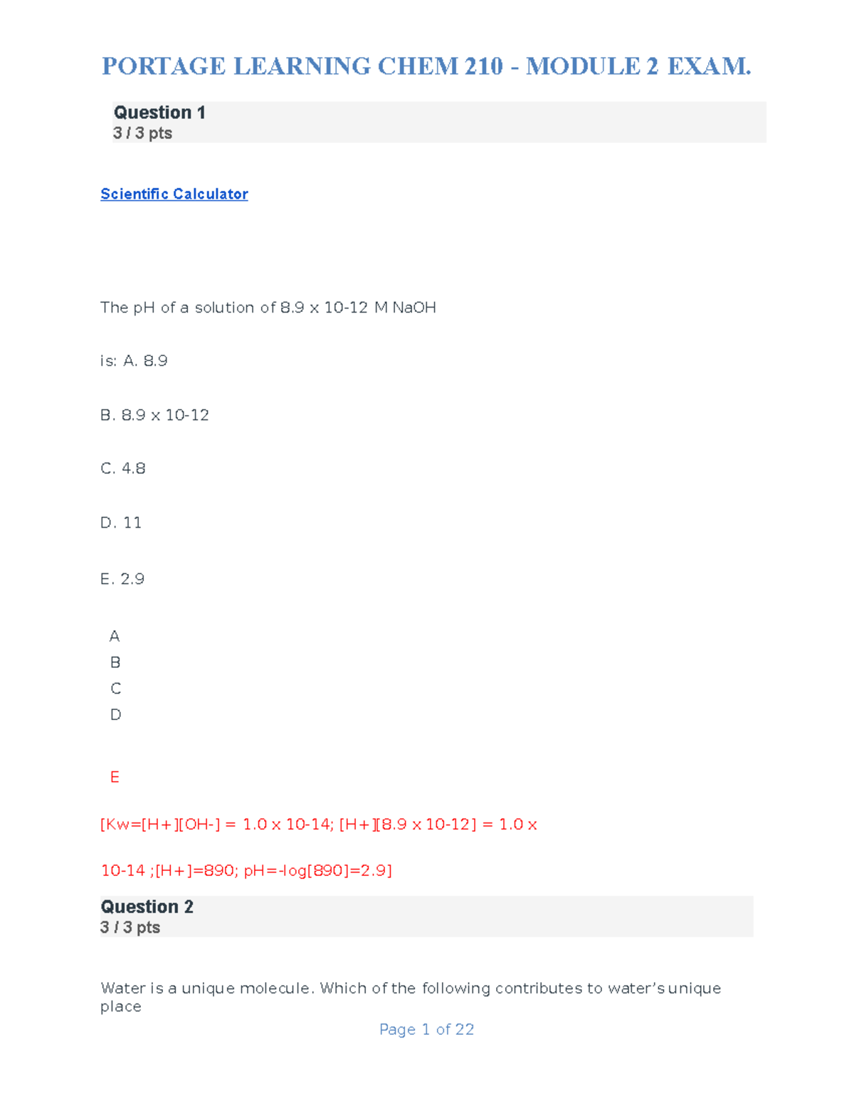Portage Learning Chem 210 Module 2 exam - Question 1 3 / 3 pts ...
