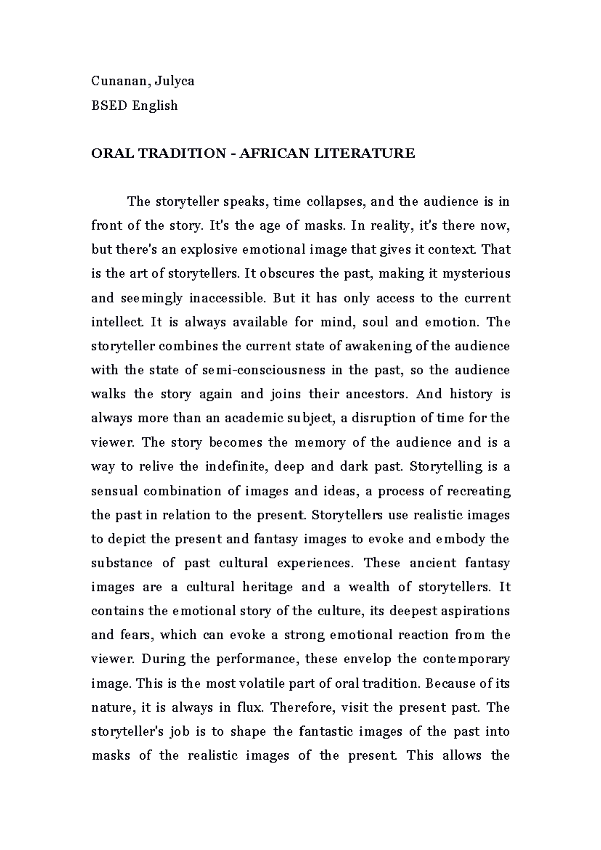 ORAL Tradition - African Literature - Cunanan, Julyca BSED English ORAL ...