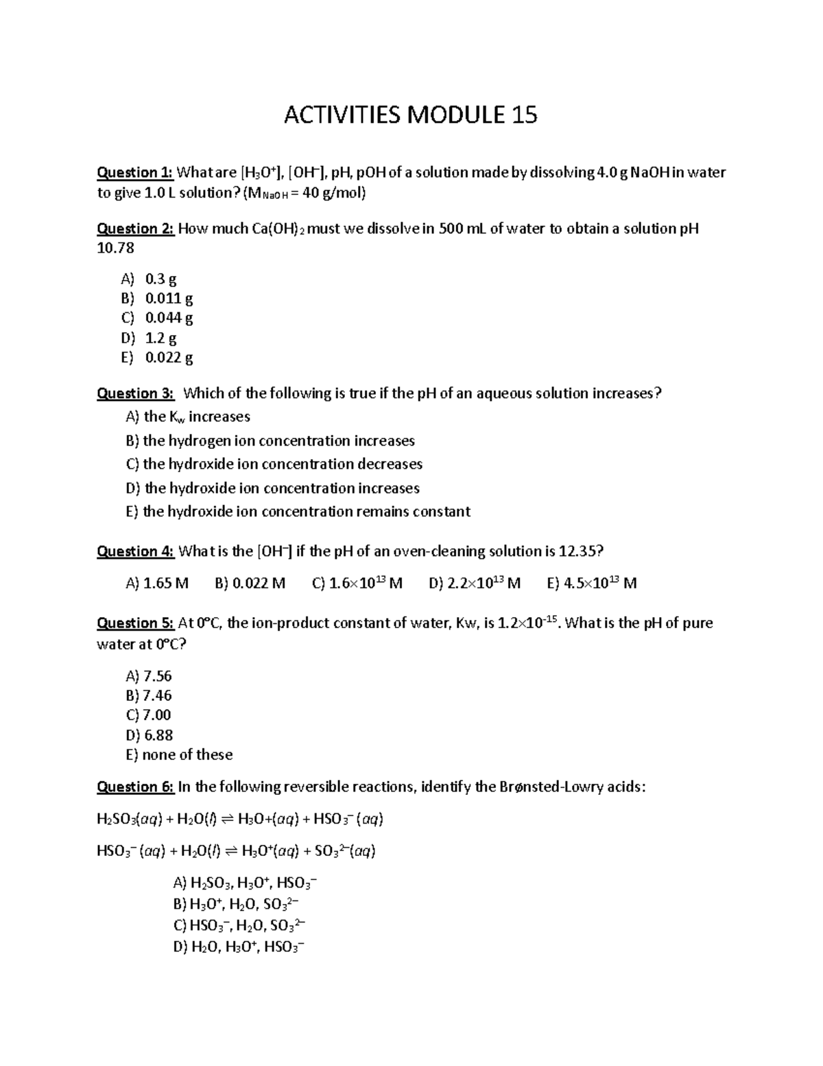 Activities Module 15 - Chemistry practice problems - d/s/d/ ^ DK h> ϭρ YƵĞƐƚŝŽŶ ϭ͗ - Studocu