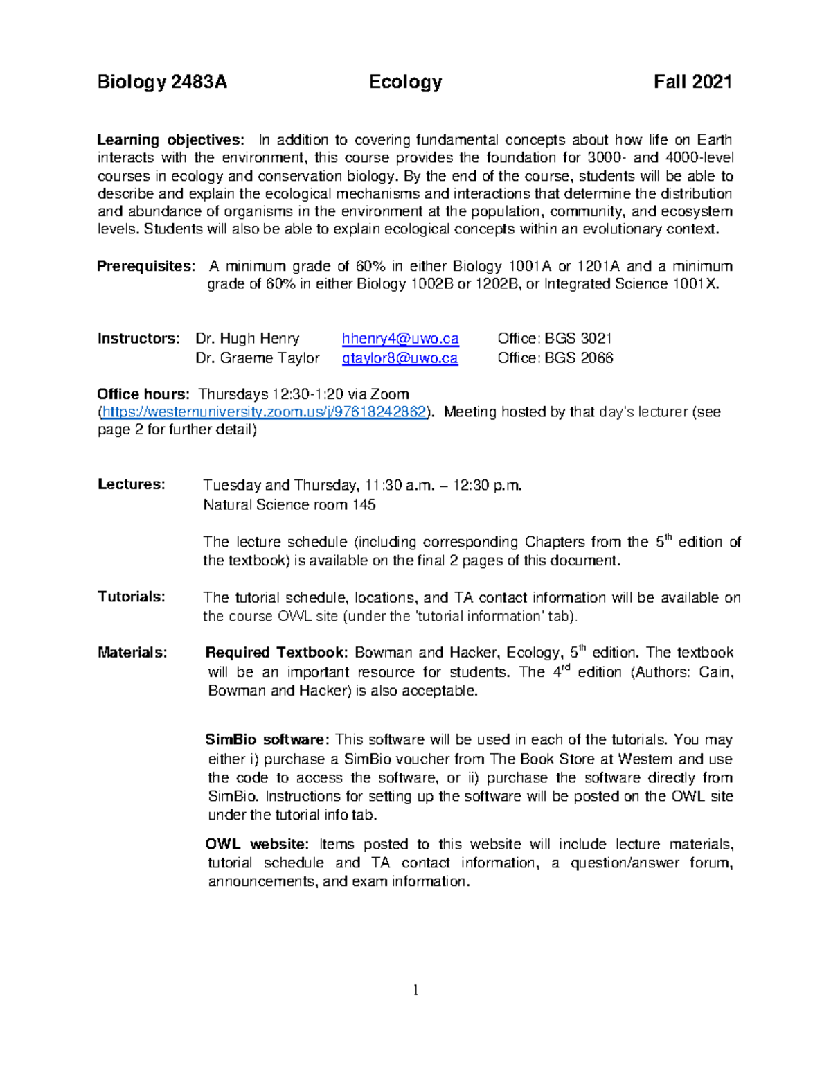 2483A Course Outline 2021 Sept7 - Biology 2483A Ecology Fall 20 21 ...