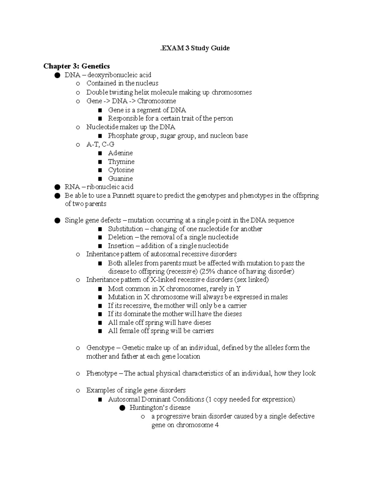 BIO315 Exam 3 Study Guide - .EXAM 3 Study Guide Chapter 3: Genetics DNA ...