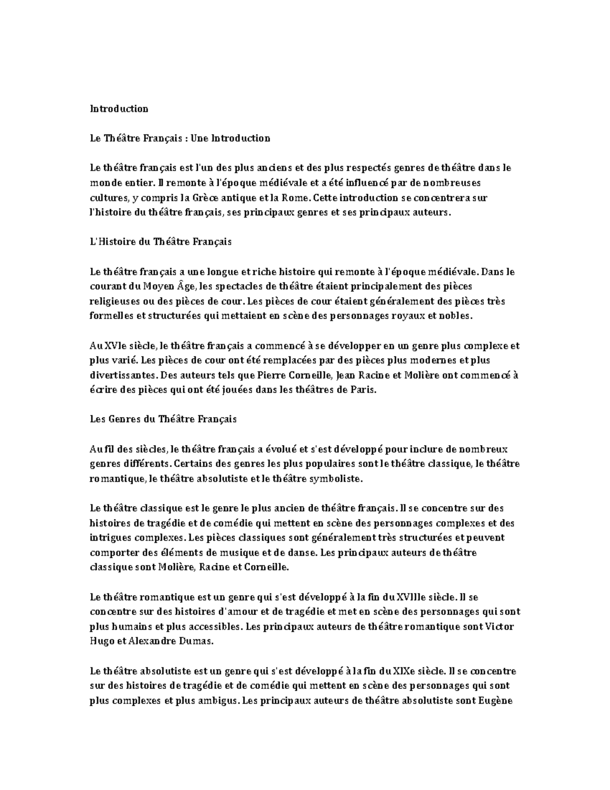 Theatre lecture notes - Introduction Le Théâtre Français : Une ...