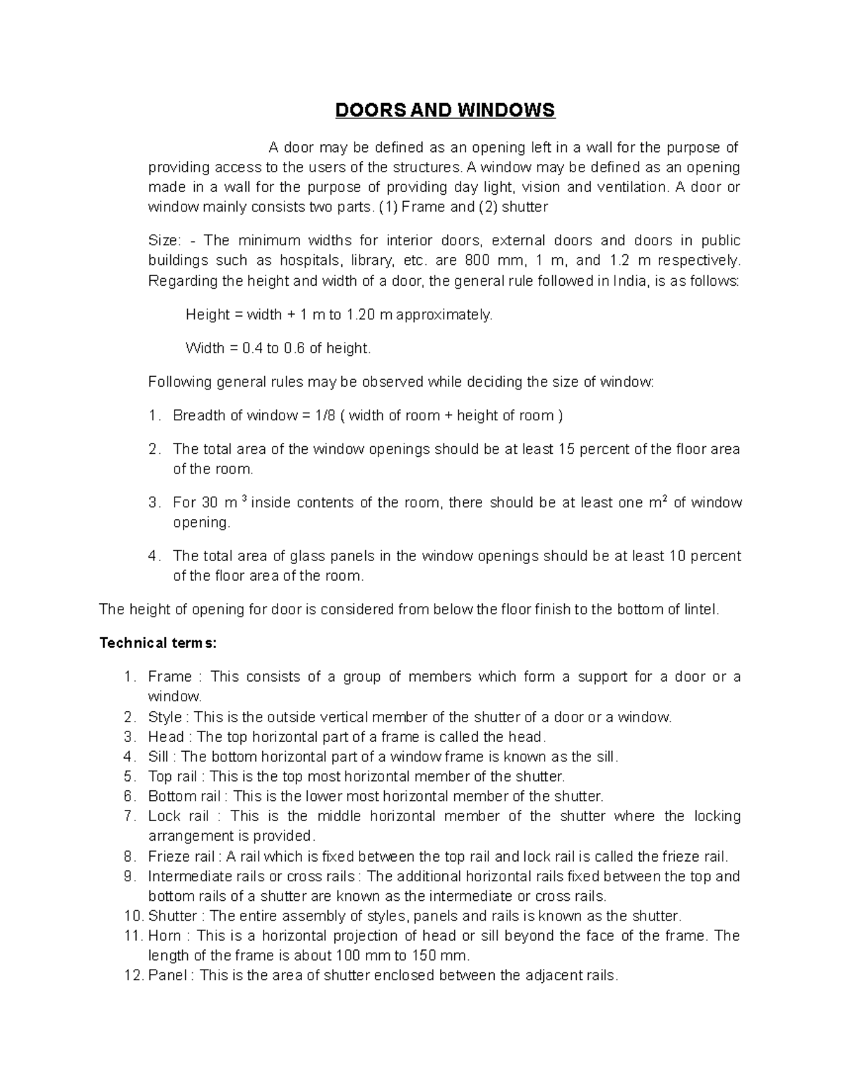 Notes - Lecture note - DOORS AND WINDOWS A door may be defined as an ...