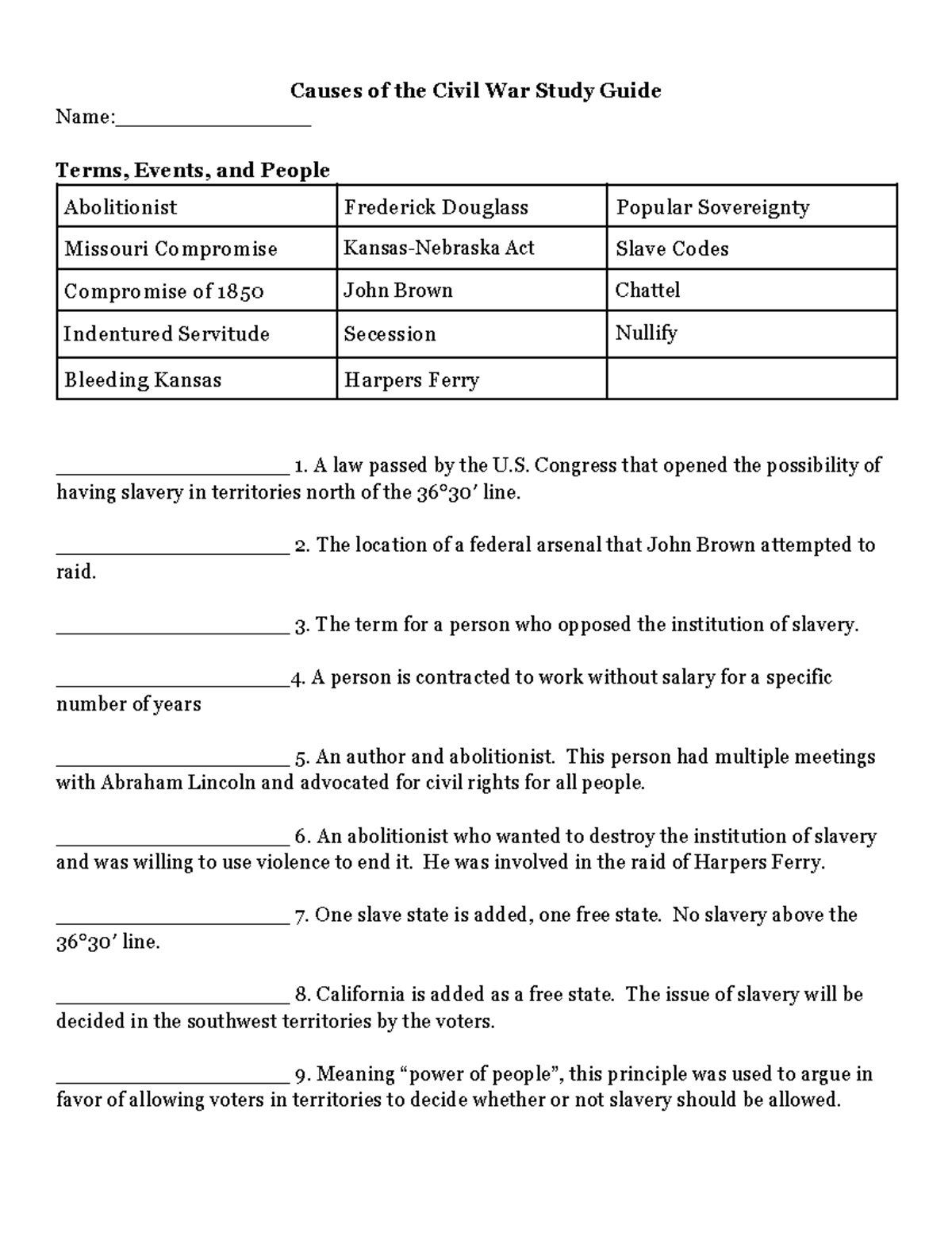 Study Guide - Unit 2 Expansion and Causes of the Civil War - Causes of ...