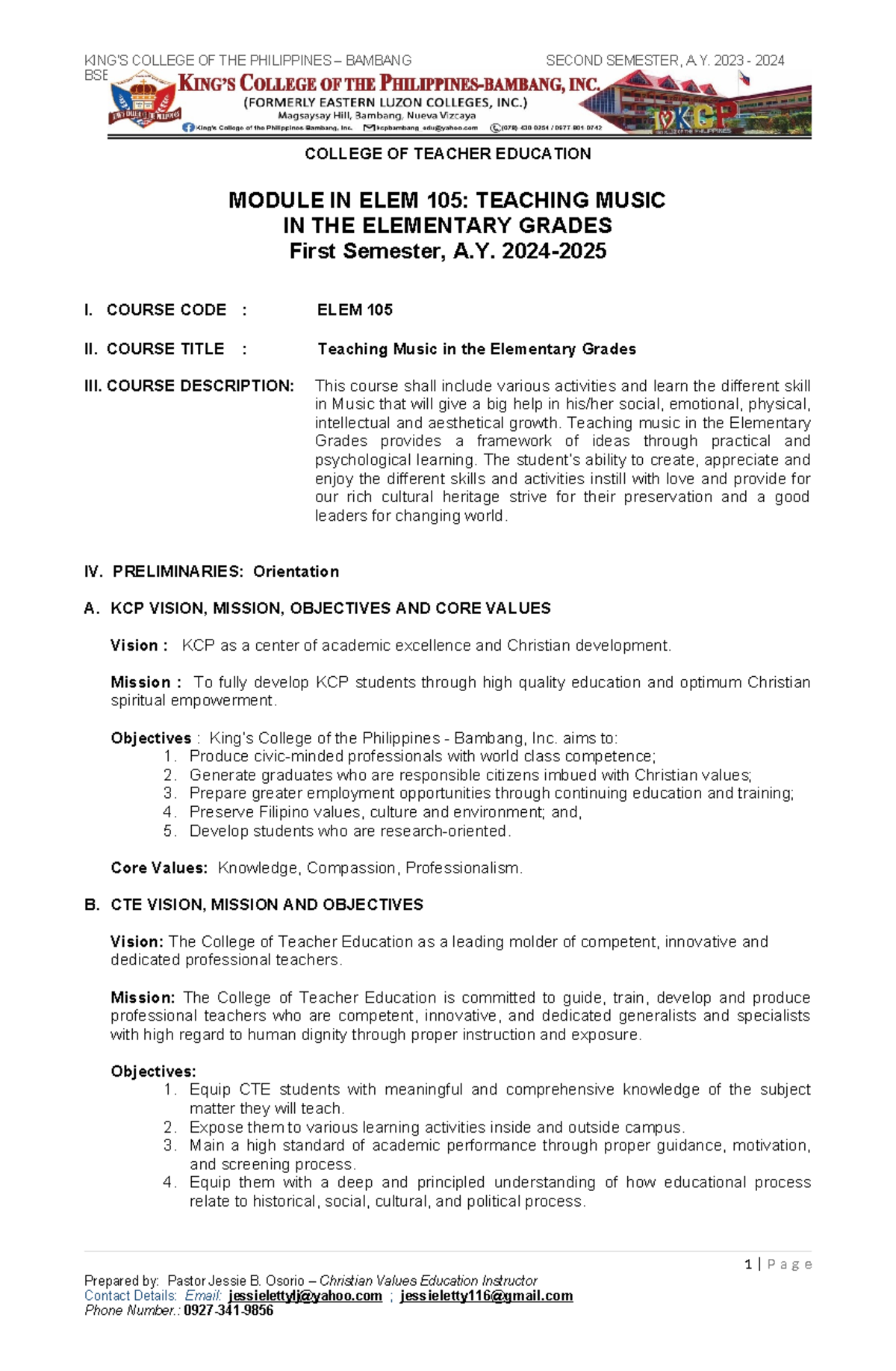 Module - Syllabus - BSEd II / BEEd II ELEC 4: CHRISTIAN VALUES EDUCATION 4 COLLEGE OF TEACHER ...