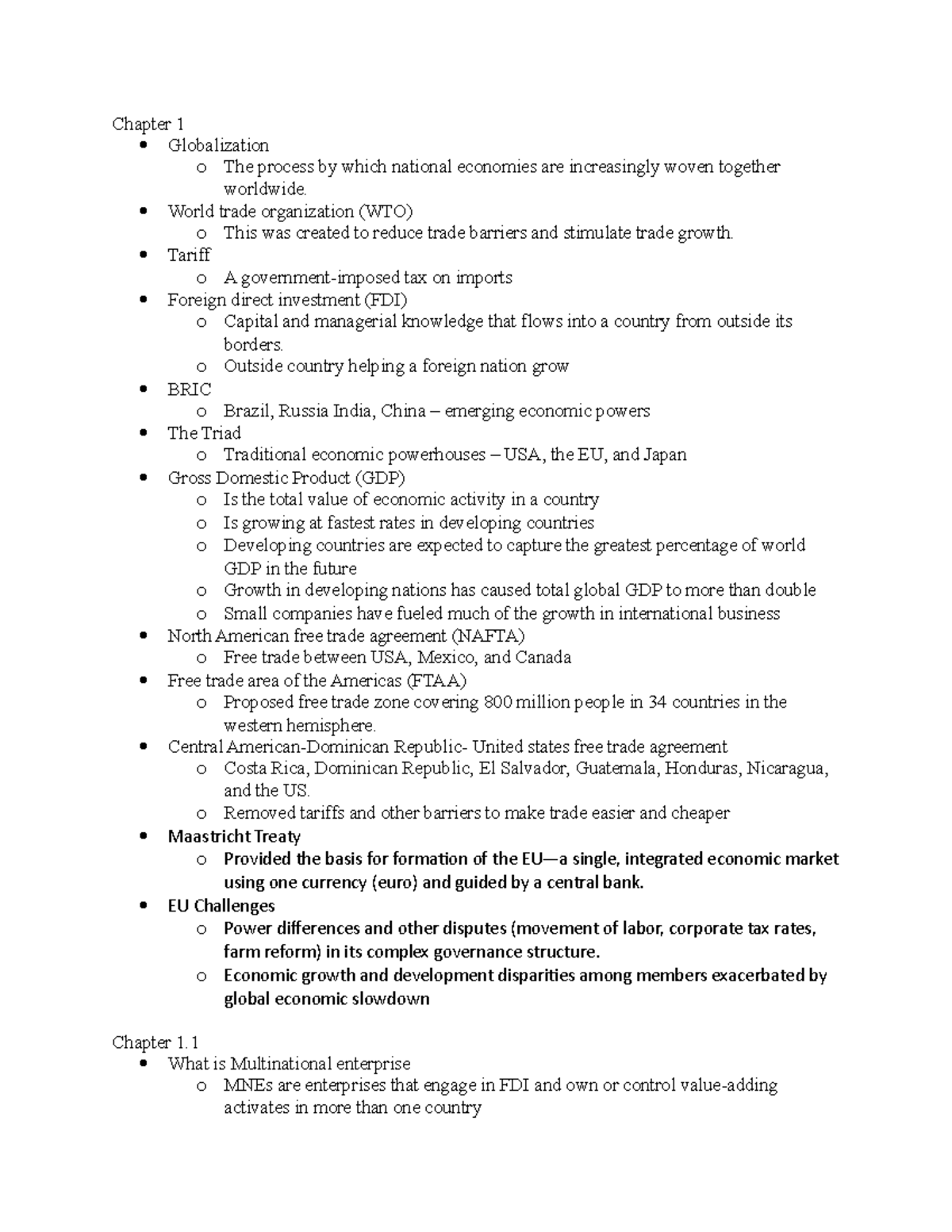 Global test 1 - exam one study guide - Chapter 1 Globalization o The ...