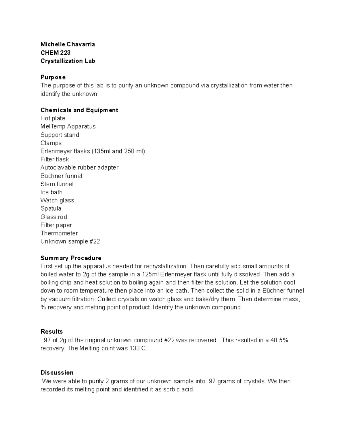 Chem live lab 2 - Omg I - Michelle Chavarria CHEM 223 Crystallization ...