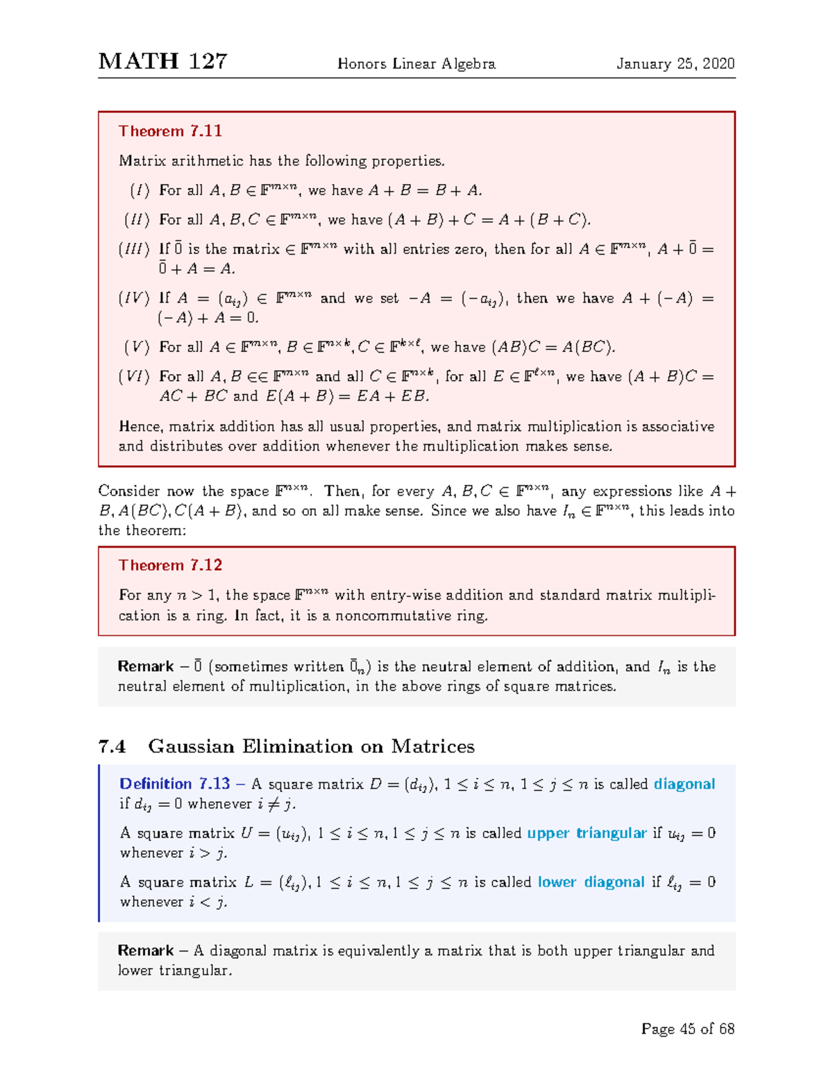 MATH 235-45 - Lecture notes 45 - MATH 127 Honors Linear Algebra January ...