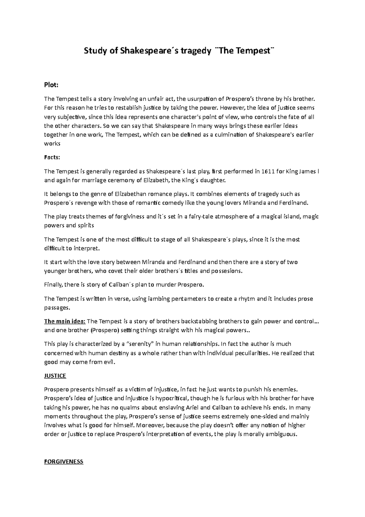 Study of Shakespeare´s ¨The Tempest ¨ - Study of Shakespeare ́s tragedy ...
