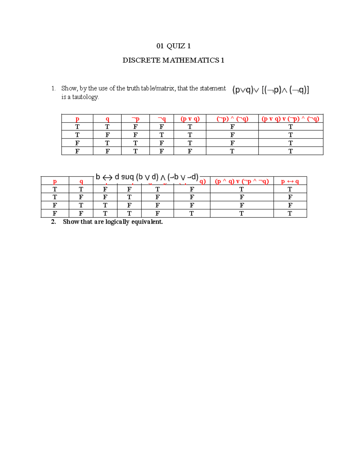 01 QUIZ 1 Discrete Mathematics - Bachelor of Information in Technology - 01 QUIZ 1 DISCRETE ...