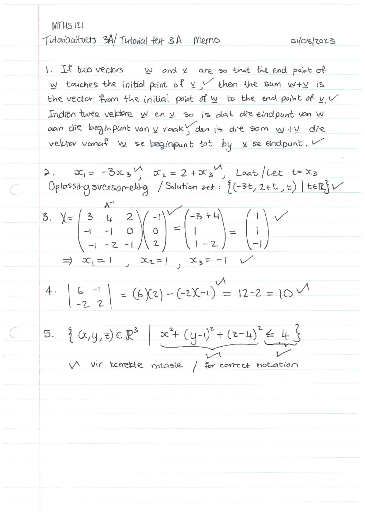 MTHS121 toets 3 2023 memo - MTH5121 Tutoriaaltoets 3A/ Tutorial test 3A ...