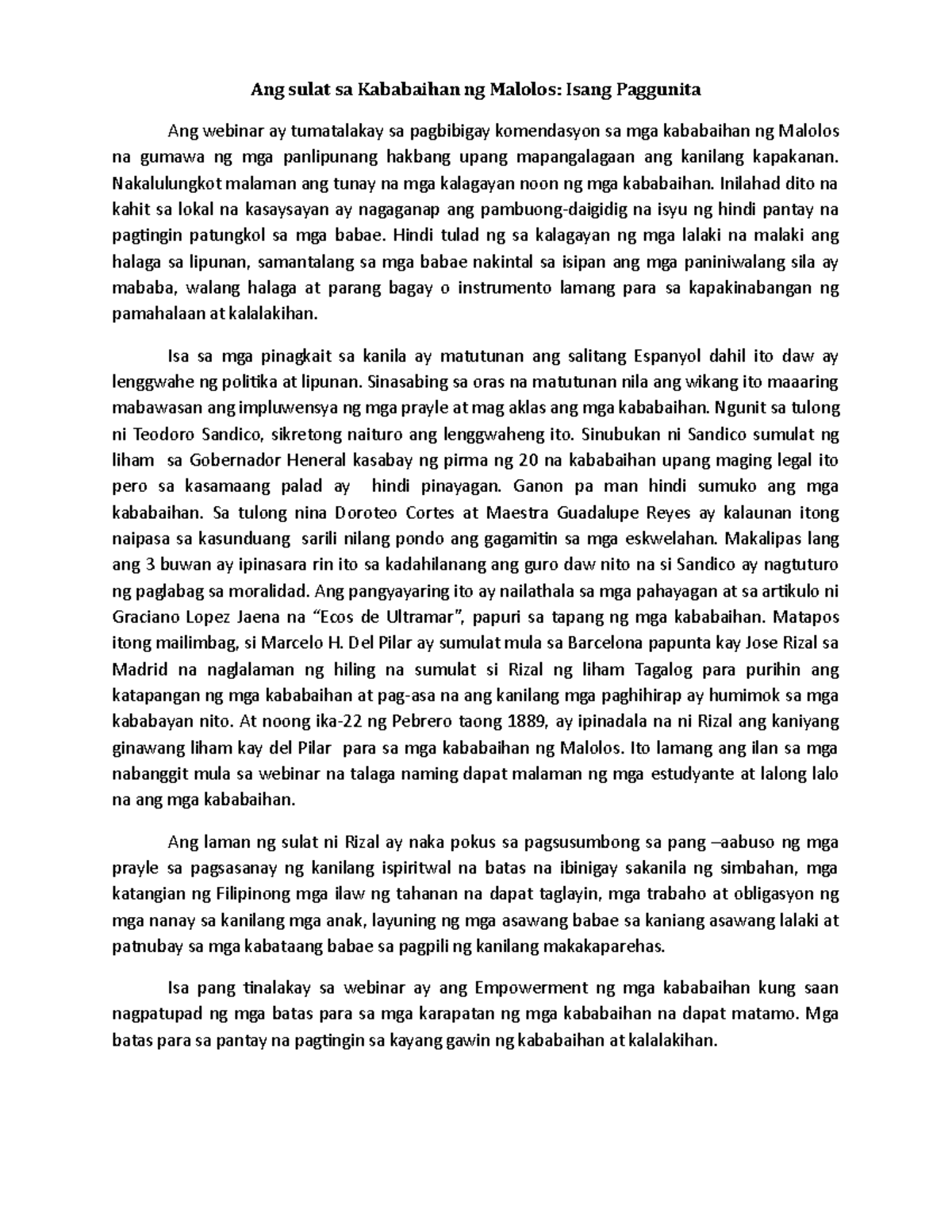 RLWW (Reflection Paper) - Ang sulat sa Kababaihan ng Malolos: Isang ...