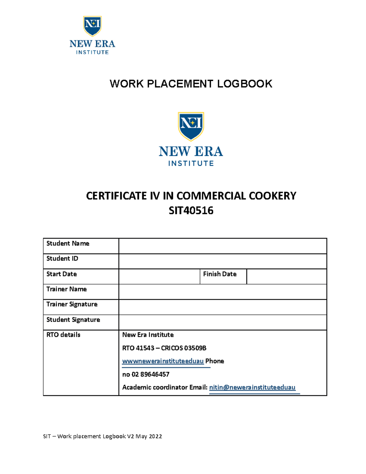 Sithccc 020-Work Placement Logbook V2 May 2022 - WORK PLACEMENT LOGBOOK ...