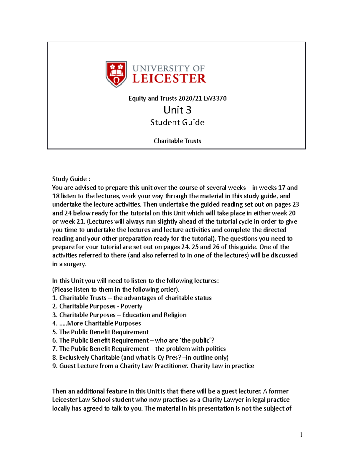 Unit 4. Charitable Trusts student guide - Equity and Trusts 2020/21 LW Unit 3 Student Guide ...