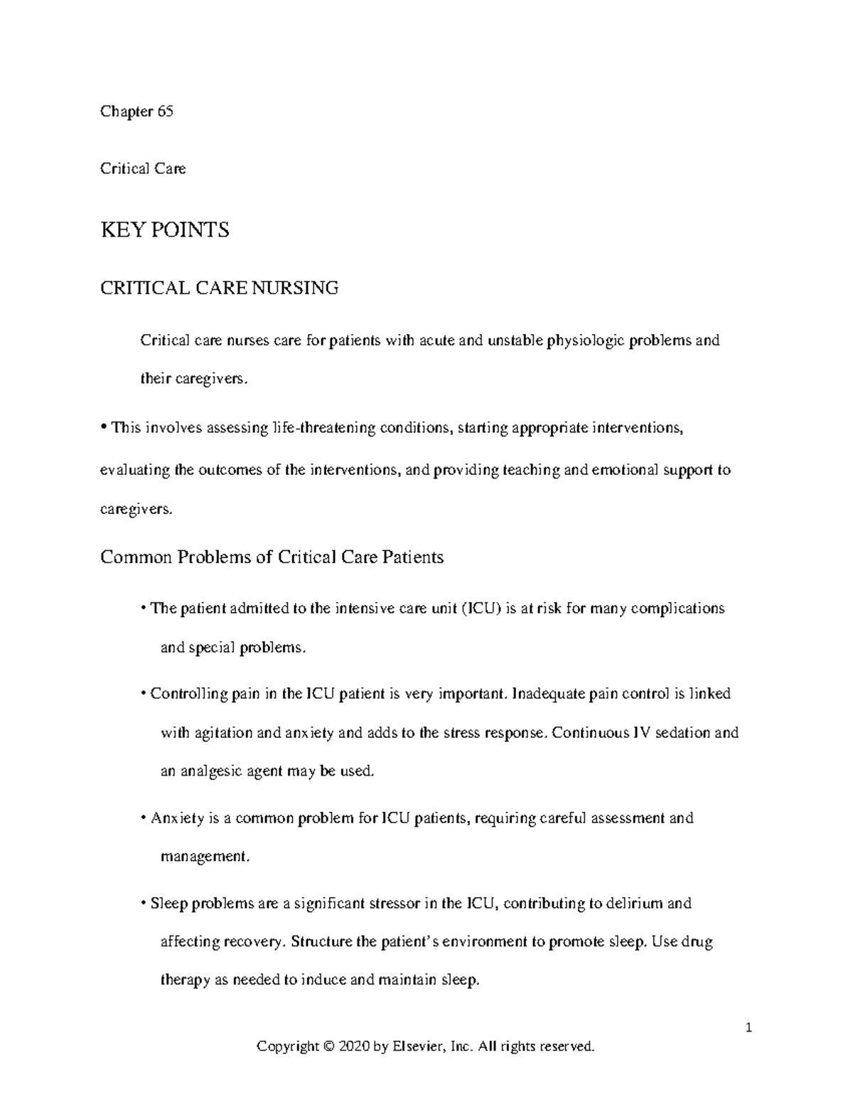 Week 1 Ch 65 Critical Care - 1 Chapter 65 Critical Care KEY POINTS ...