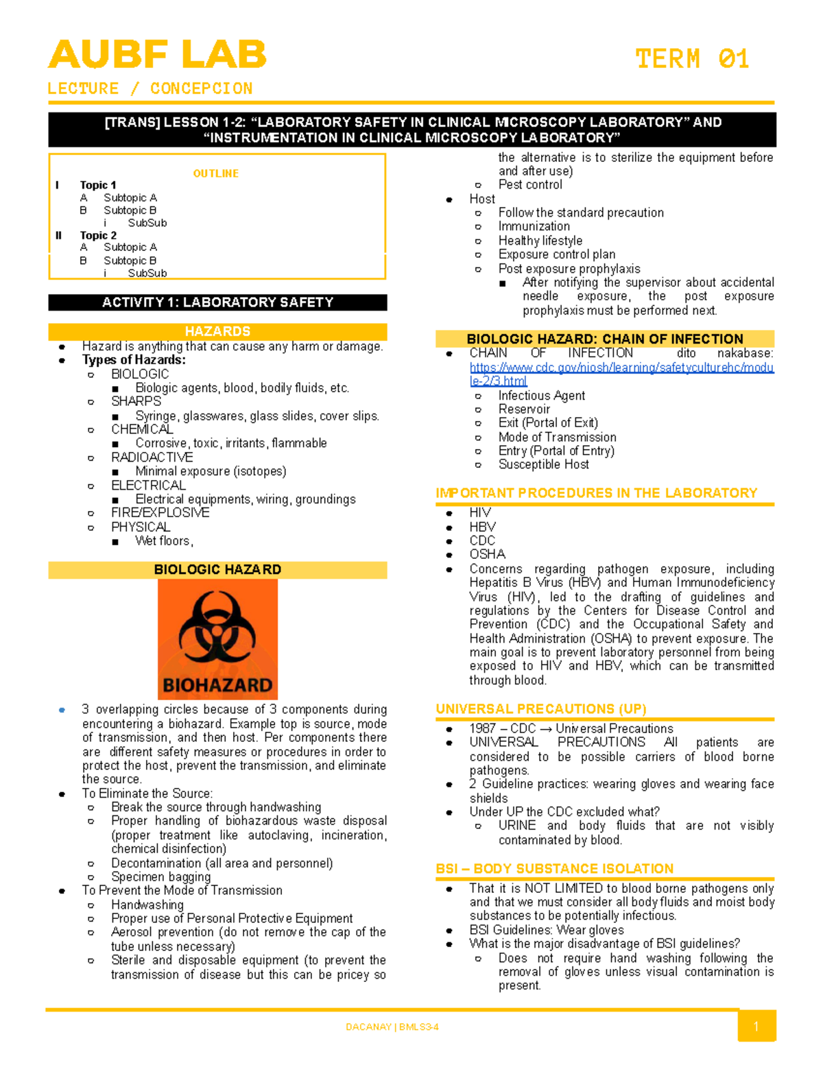 AUBF LAB Lesson 1 - AUBF LAB TERM 01 LECTURE / CONCEPCION [TRANS] LESSON 1-2: “LABORATORY SAFETY ...