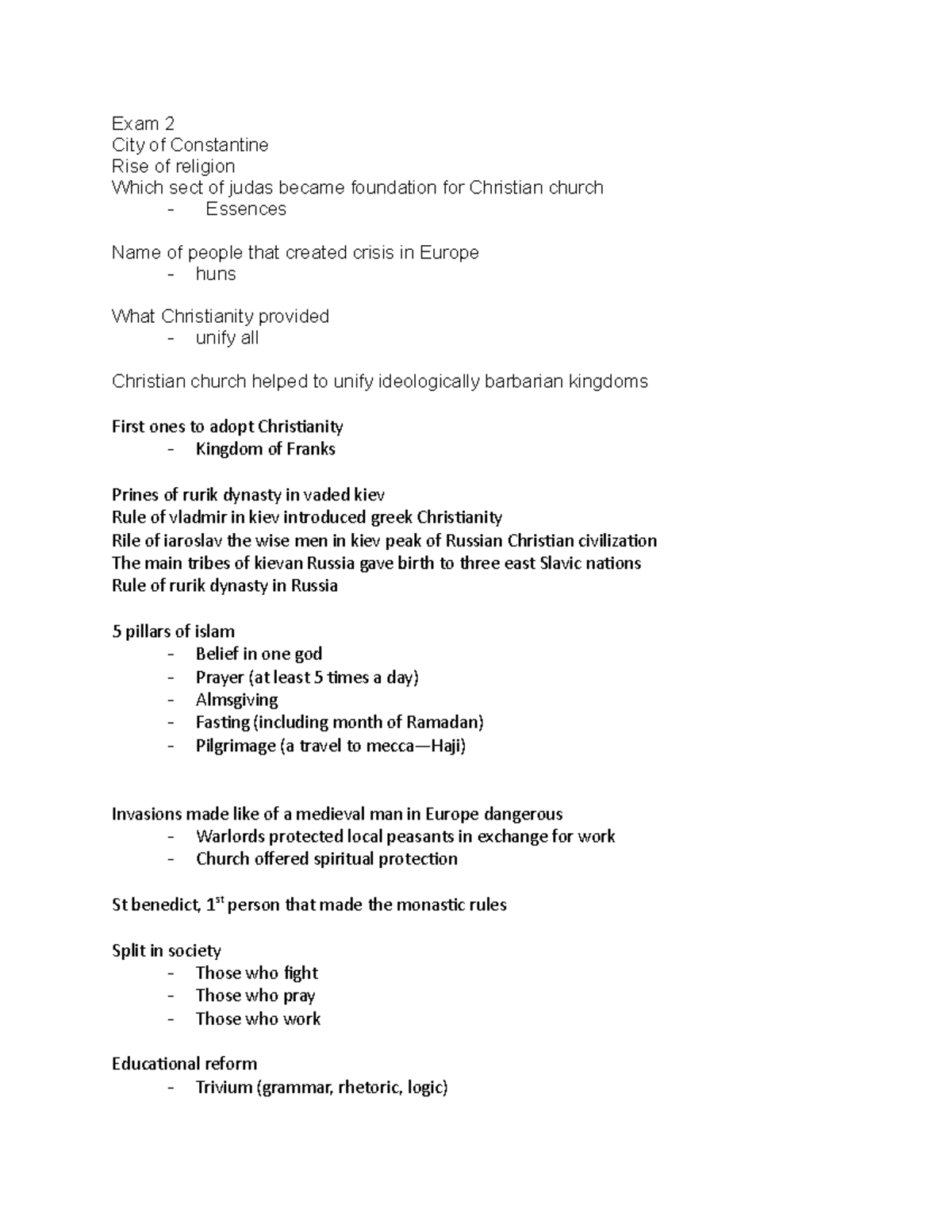 History Notes Exam 2 - Exam 2 City of Constantine Rise of religion ...