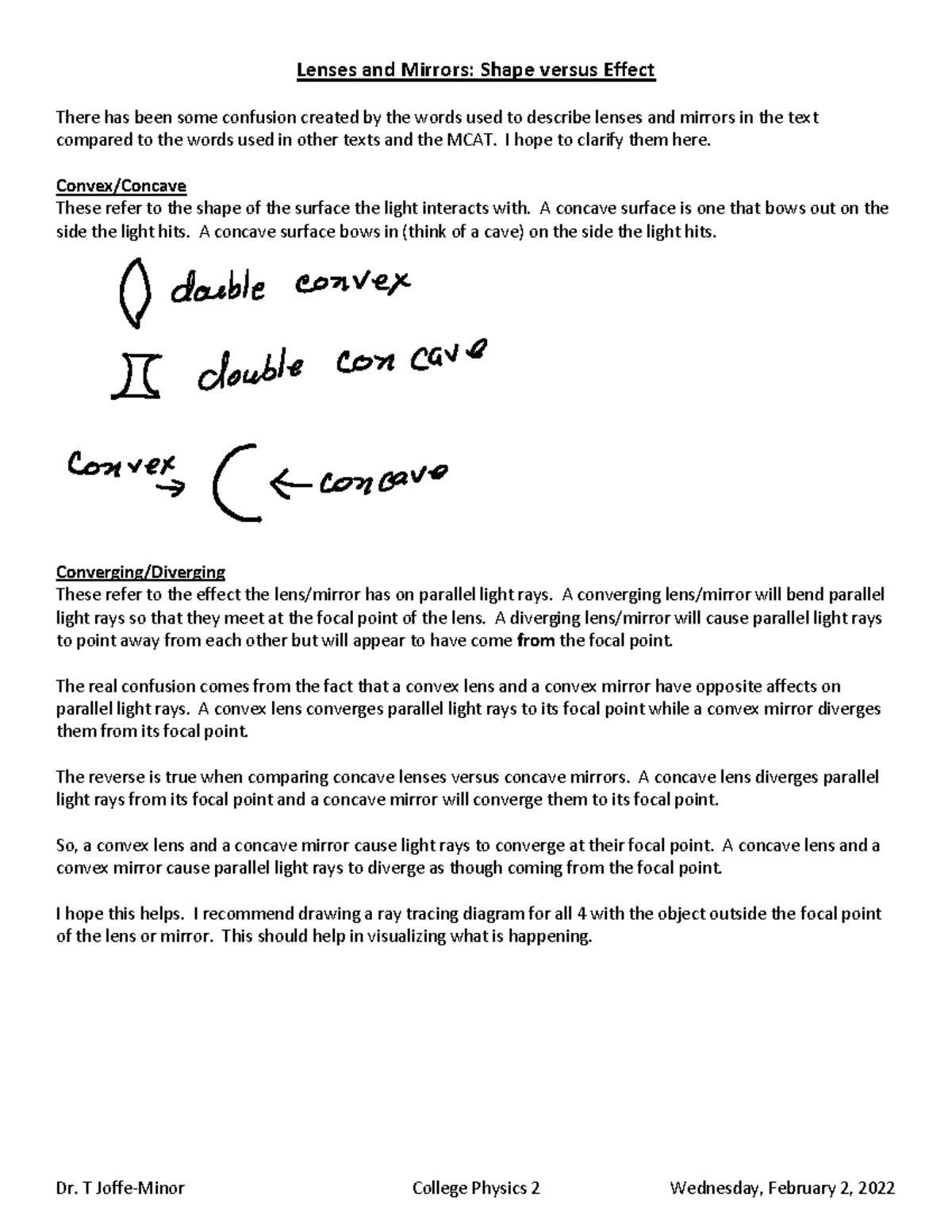 Lens And Mirrors Shape Vs Effect - Dr. T Joffe-Minor College Physics 2 ...