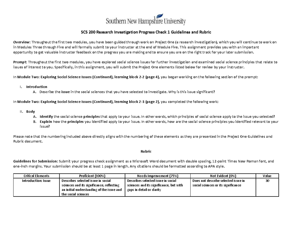 SCS 200 Research Investigation Progress Check 1 Guidelines and Rubric - This assignment provides ...
