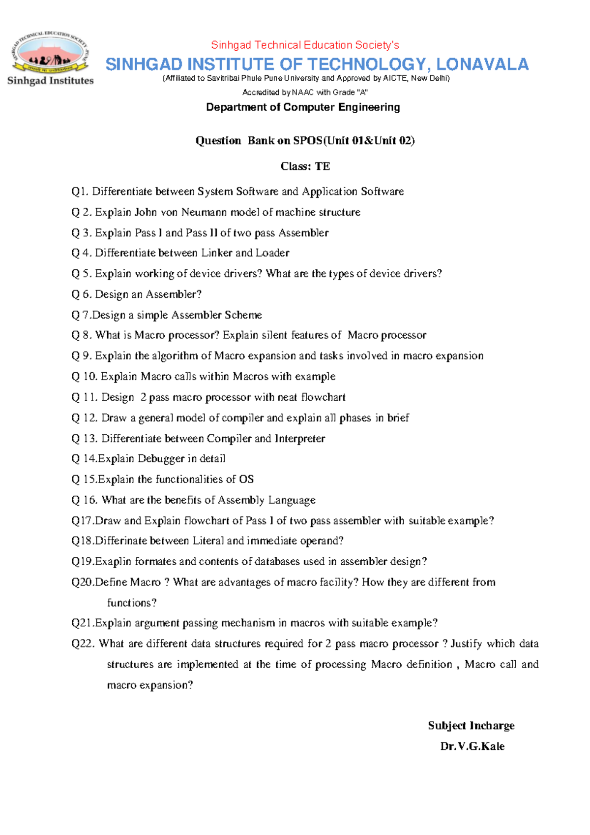 Question bank SPOS - good - Sinhgad Technical Education Society’s SINHGAD INSTITUTE OF ...