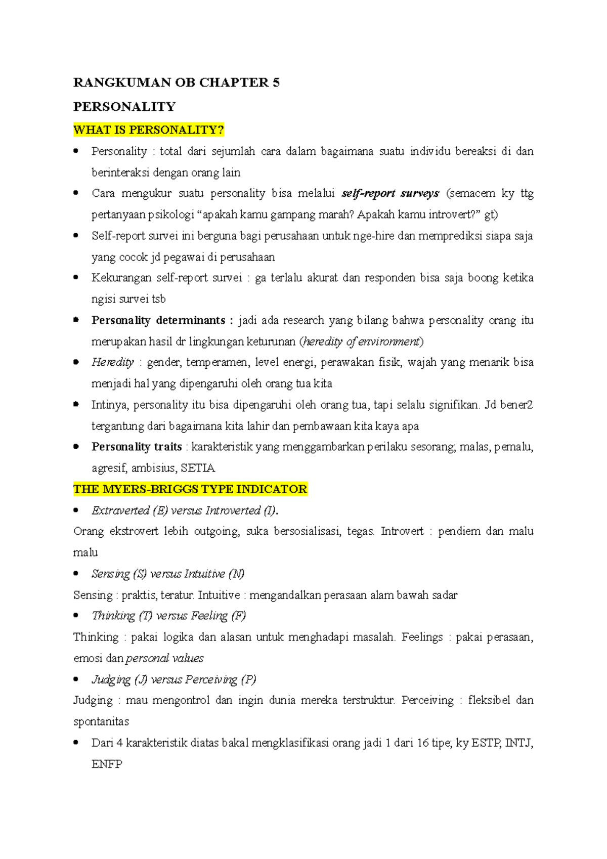OB Chapter 5-6 - Summary Organizational Behavior - RANGKUMAN OB CHAPTER 5 PERSONALITY WHAT IS ...