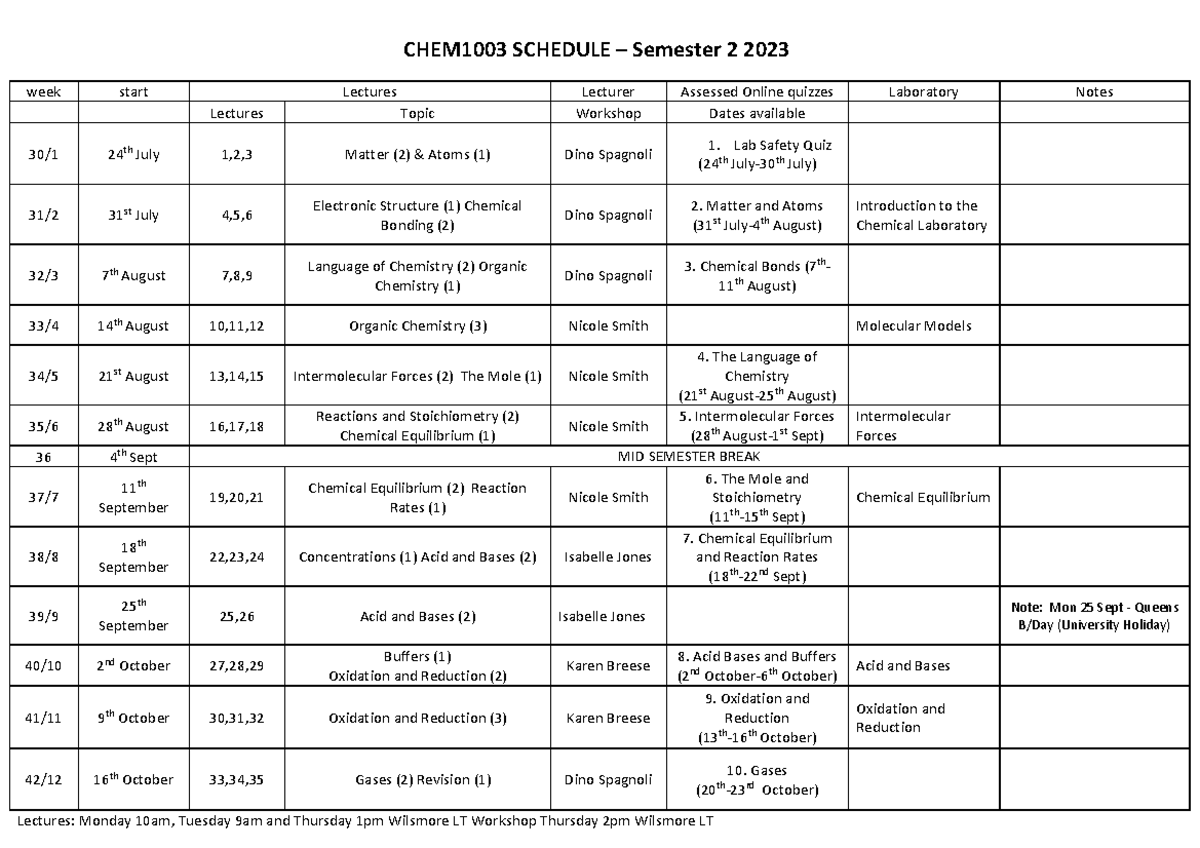 CHEM1003 Unit Schedule - Lectures: Monday 10 am, Tuesday 9am and ...