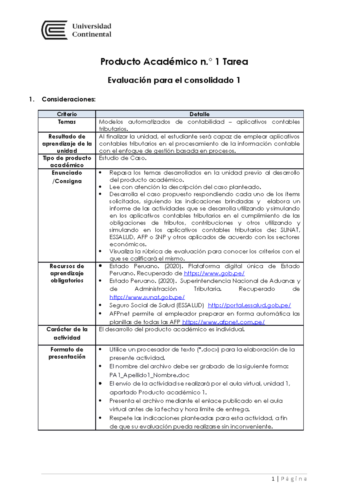 PA01 Tecnologías de Información Contable - Producto Académico n.° 1 Tarea Evaluación para el ...