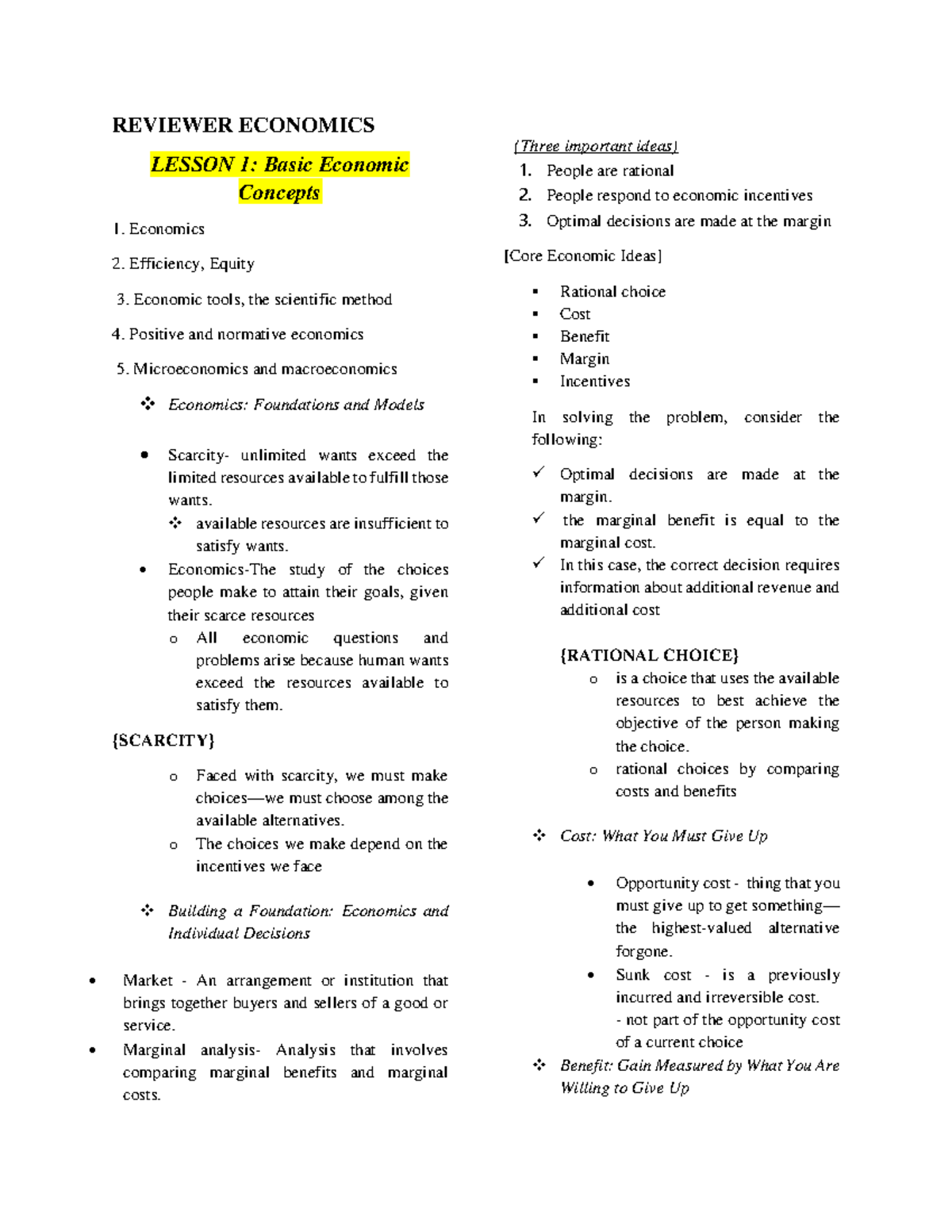 Reviewer- Economics - REVIEWER ECONOMICS LESSON 1: Basic Economic Concepts 1. Economics 2. - Studocu
