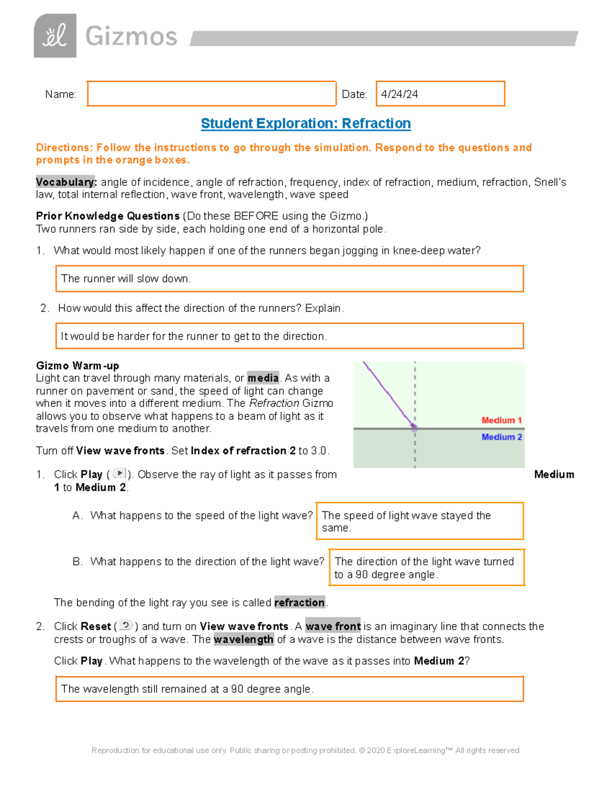 -Refraction SE - Name: Date: 4/24/ Student Exploration: Refraction Directions: Follow the - Studocu