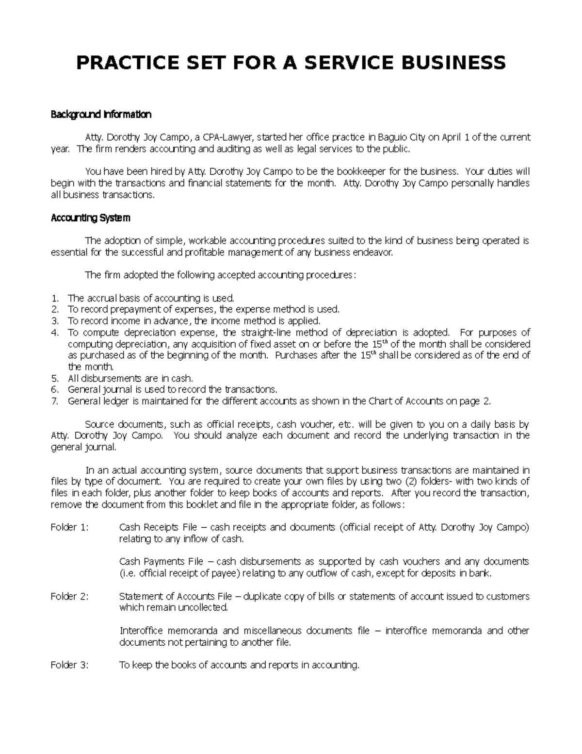 Practice Set for a Service Business - PRACTICE SET FOR A SERVICE ...