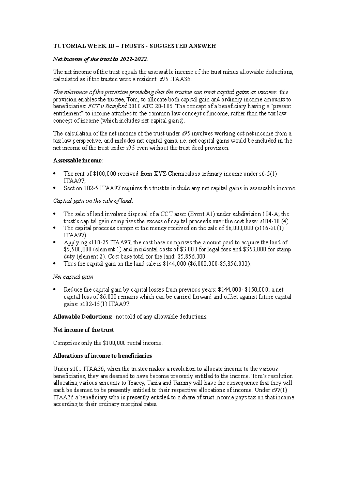 Tutorial 9, Week 10 - Solution - TUTORIAL WEEK 10 – TRUSTS - SUGGESTED ANSWER Net income of the ...