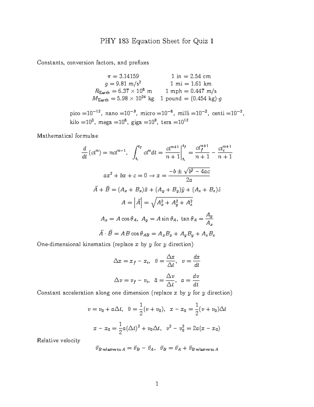 PHY183 Fall 2021 Equations - PHY 183 Equation Sheet for Quiz 1 ...