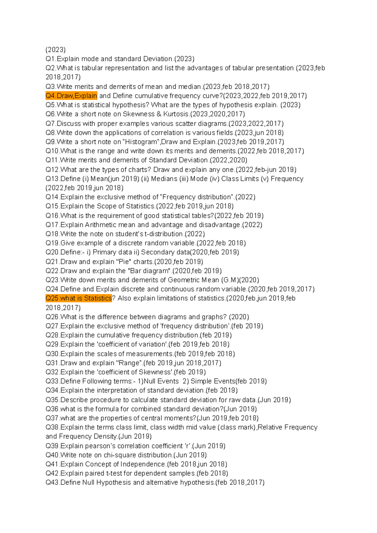 Ycmou university imp question statistics - (2023) Q1 mode and standard ...