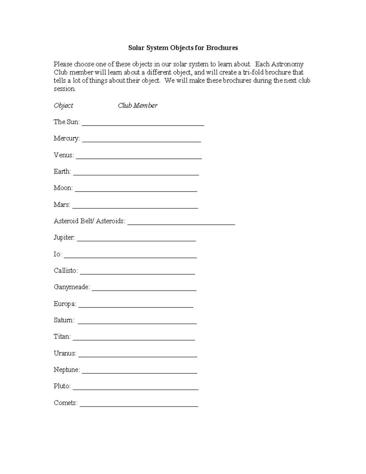 Solar System Objects for Brochures - Each Astronomy Club member will ...